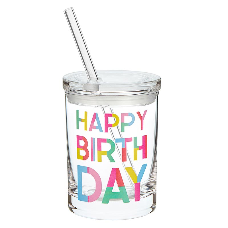 Glass DOF w/Lid & Straw - Happy Birthday – Artisanal New Zealand